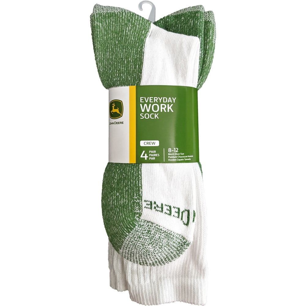 John Deere 4PK of White & Green Crew Work Socks Men's 8-12 JD12510WHCAU ...