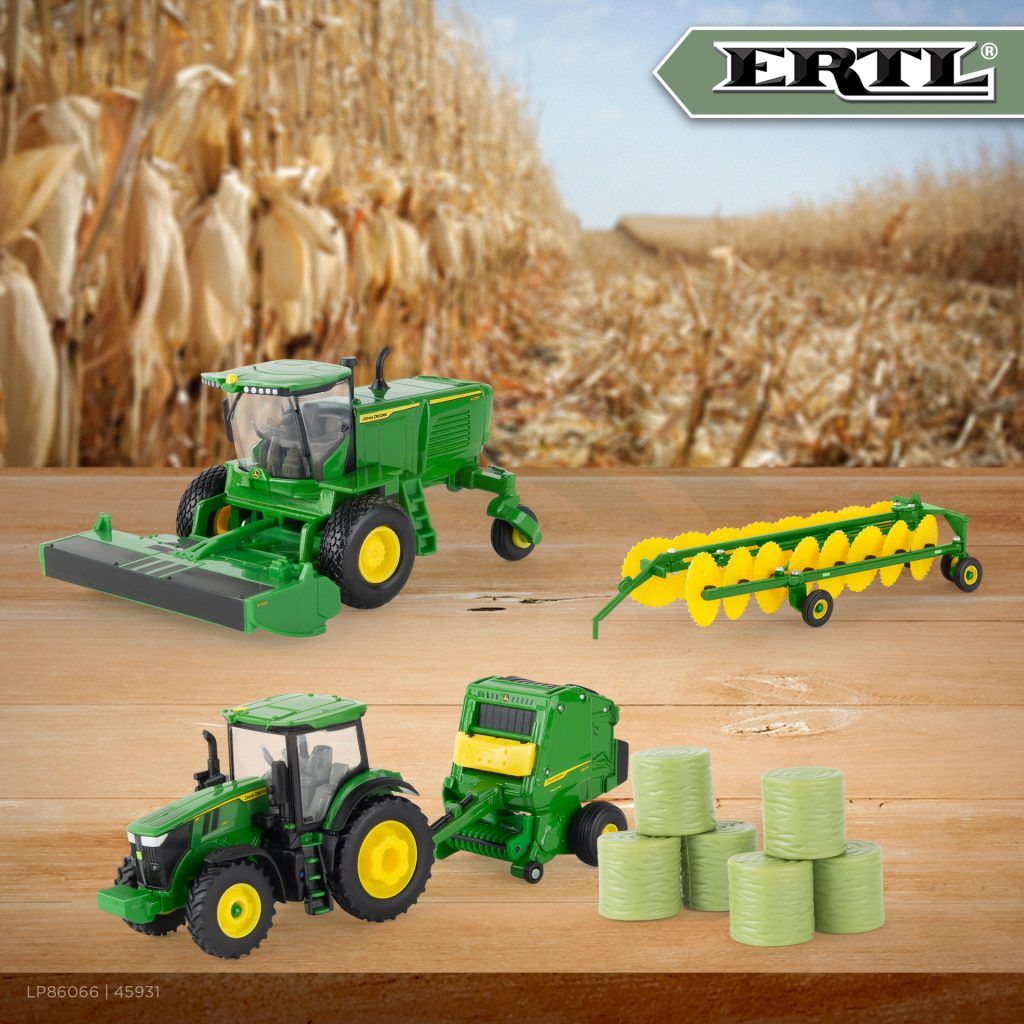 1:64 John Deere Haying Set; Windrower, Round Baler with 6 Bales ...